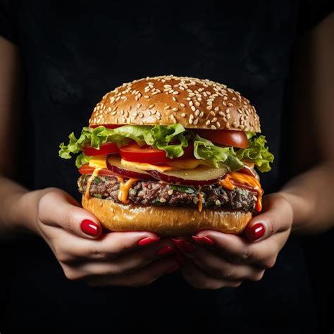 Premium Photo Flavor Explosion Womans Hands Presenting A Succulent Burger