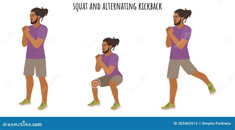 Young Man Doing Squat And Alternating Kickback Stock Vector