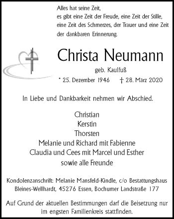 Traueranzeigen Von Christa Neumann Trauer In NRW De