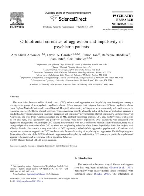 Pdf Orbitofrontal Correlates Of Aggression And Impulsivity In Psychiatric Patients Pdf Orbitofrontal Correlates Of Aggression And Impulsivity In Psychiatric Patients