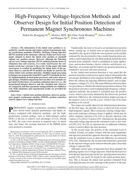 Pdf High Frequency Voltage Injection Methods And Observer Design For Initial Position