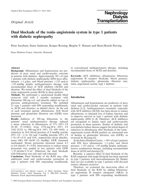 Pdf Dual Blockade Of The Renin Angiotensin System In Type 1 Patients