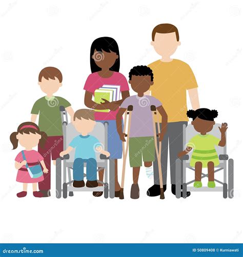 Gehandicapte Kinderen Met Vrienden En Leraar Vector Illustratie