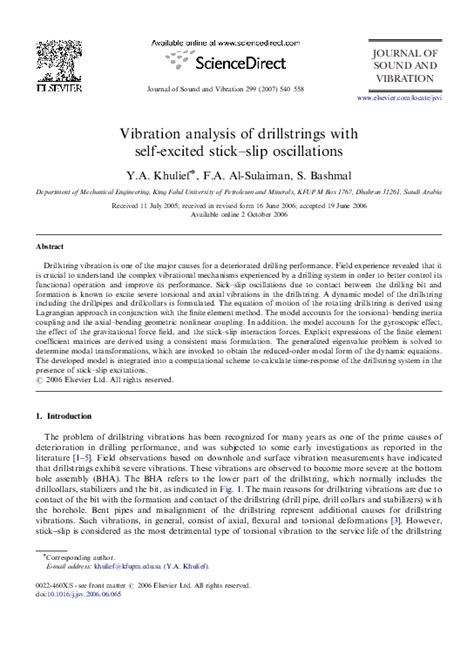 Pdf Vibration Analysis Of Drillstrings With Self Excited Stickslip Oscillations