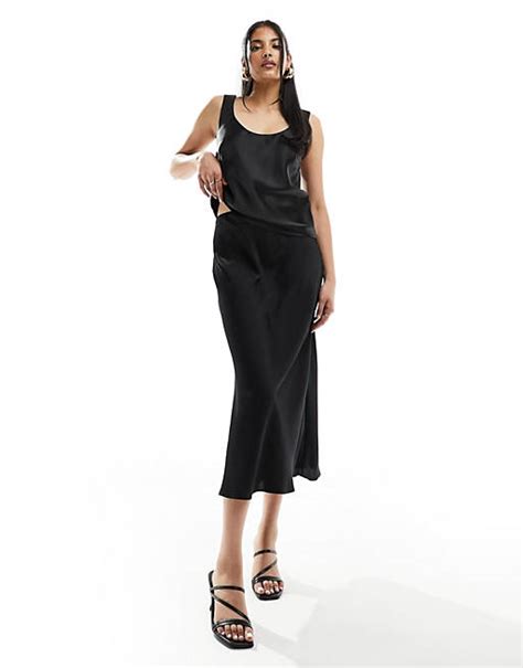 Asos Design Satin Bias Midi Skirt In Black Asos