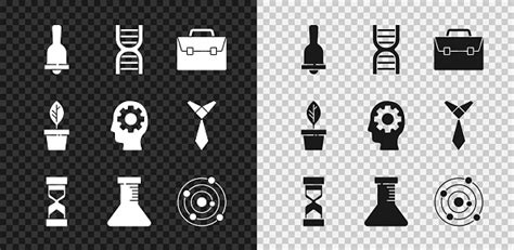 울리는 종 Dna 기호 서류 가방 모래가 있는 오래된 모래시계 시험관 플라스크 태양계 식물 냄비 및 헤드 기어를 아이콘 안에 설정합니다 벡터 Dna에 대한 스톡 벡터 아트