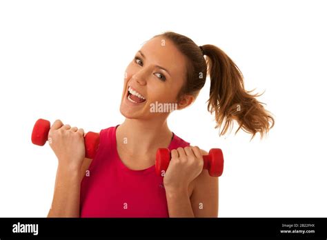 Beautiful Young Active Fit Woman Workout With Dumbbells Isolated Over