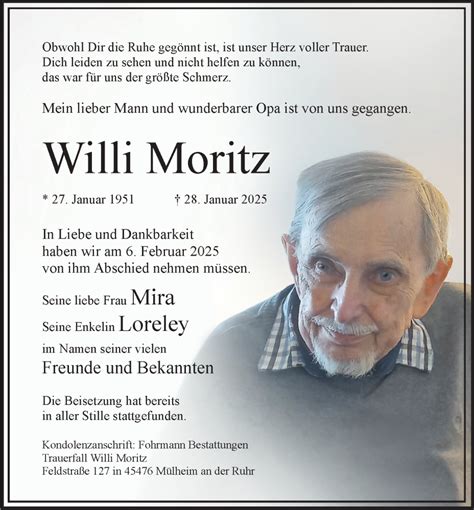 Traueranzeigen Von Willi Moritz Trauer In Nrw De