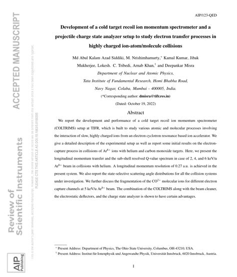 PDF Development Of A Cold Target Recoil Ion Momentum Spectrometer And A Projectile Charge