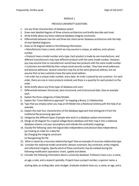 Ktu S4 Cse Dbms Module 1 Pyq Pdf Databases Relational Database
