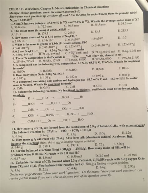 Solved Os So 610 2695 Chem 101 Worksheet Chapter 3 Mass