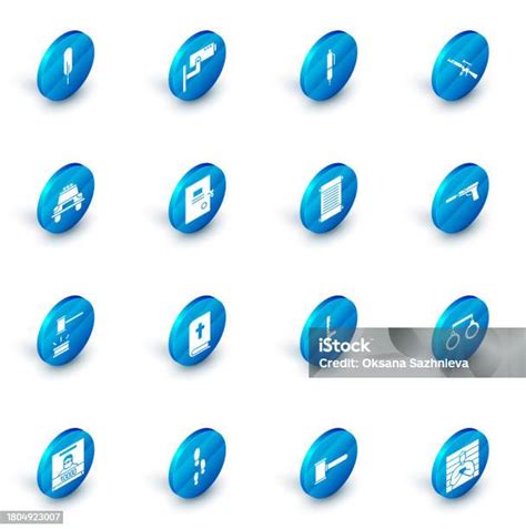 보안 카메라 펜 스코프가 있는 저격 소총 경찰차 및 점멸 장치 판사 의사봉 소송 용지 권총 또는 총기 소음기 및 법령 양피지 스크롤 아이콘을 설정합니다 벡터 3차원 형태에