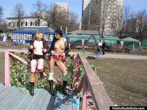 Two Naughty Babes Displaying Their Seductive Intimate Spots In Public