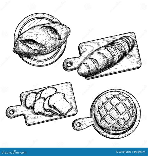 Bread On The Cutting Wooden Boards Set Whole And Sliced Bread Hand Drawn Sketch Style Top