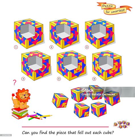 가장 똑똑한 사람들을 위한 논리 게임 큐브마다 떨어진 조각을 찾을 수 있나요 3d 퍼즐 공간적 사고 능력 개발 두뇌 티저 책 페이지 플랫 벡터 그림입니다 3차원 형태에 대한