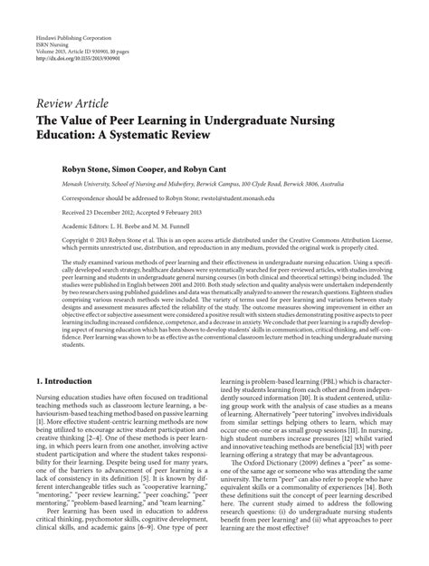 Pdf The Value Of Peer Learning In Undergraduate Nursing Education A