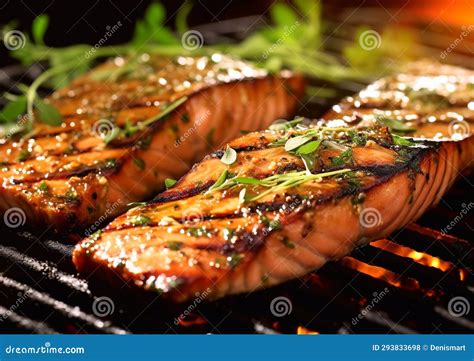 Two Pieces Of Salmon Fillet On Hot Grillmacroai Generative Stock