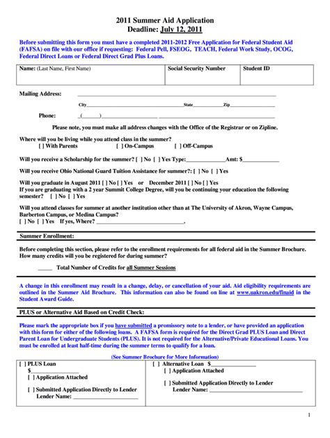 2011 Summer Aid Application Deadline July 12 2011 Uakron Fill Out