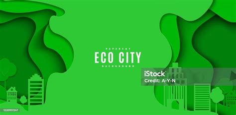 컷 페이퍼 스타일의 추상 녹색 전단지 컷 아웃 나무와 지구 포스터 도시 생태 브로셔 Ienvironmental 보호를 저장하기위한 건물 파도 템플릿 벡터 수평 일러스트레이션