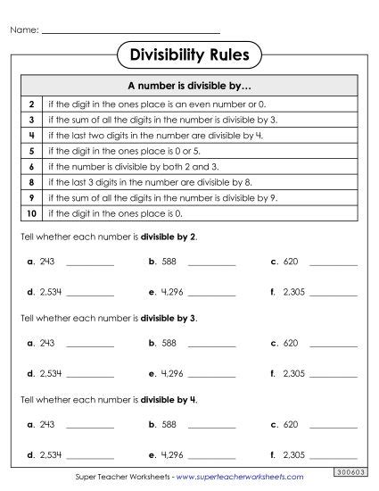 Divisibility Rules Worksheets