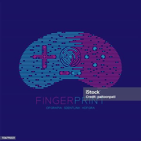 레트로 게임 패드 또는 조이 패드 모양 지문 스캔 패턴 로고 대시 라인 디지털 온라인 게임 개념 편집 가능한 스트로크 그림은 지문 텍스트와 어두운 파란색 배경에 고립 벡터