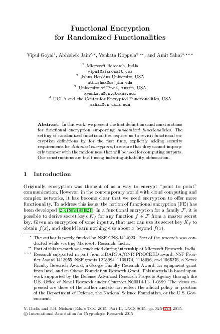Pdf Functional Encryption For Randomized Functionalities