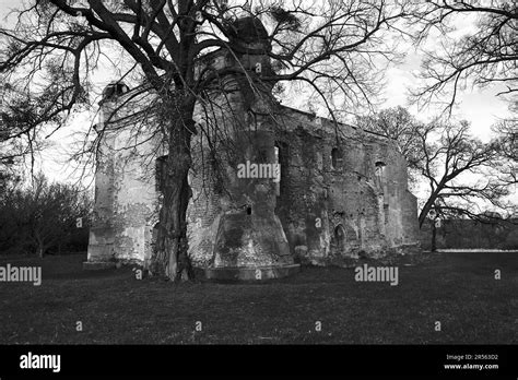 Ruin Of A Brick Dilapidated Village Church In Poland Monochrome Stock