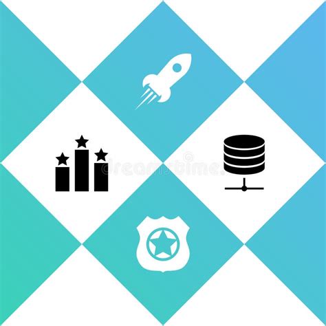 Set Ranking Star Police Badge Rocket Ship With Fire And Server Data