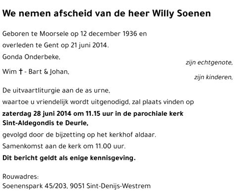 Avis De Décès De Willy Soenen Décédé Le 21062014 à Gent Annonce