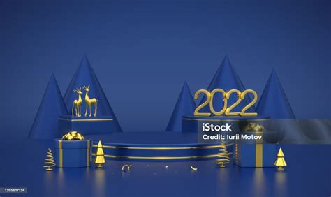 해피 뉴 2022 년 블루 스테이지 시상대에 3d 골든 메탈릭 넘버 2022 선물 상자 사실적인 황금 사슴 푸른 배경에 금속