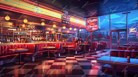 Premium Photo Retro Diner Interior With Red Vinyl Booths And
