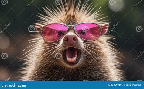 A Porcupine Donning Pink Sunglasses Atop Its Head And Extending Its