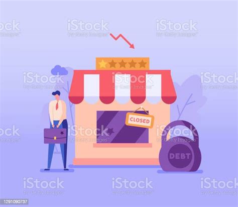 폐쇄 된 사업의 배경에 비에 서 슬픈 남자 파산 금융 문제 부채 폐쇄 된 버스신의 개념 플랫 디자인의 벡터 일러스트레이션 상점에