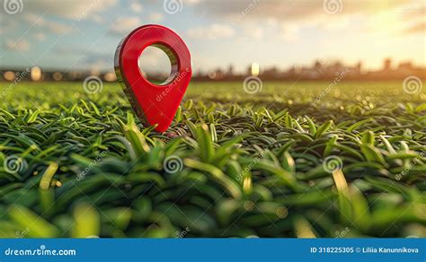 A Red Location Icon Positioned Amidst A Lush Green Field Against A
