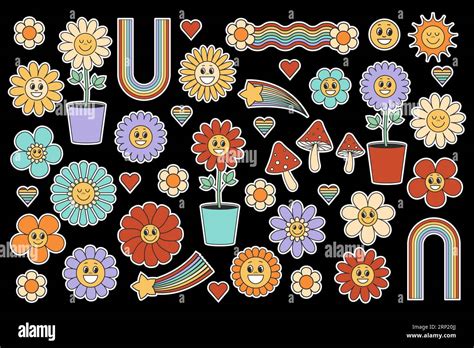 Groovy Retro Elements And Characters Sticker Pack Set Cute Smiling