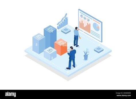 Conceptual Template With Analysts Looking At Column Chart With Percentage Indicators Scene For