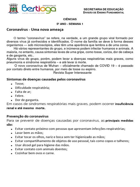 Ciências 5º Ano Semana 1 Pdf Pandemia Causas De Morte