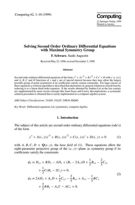 Pdf Solving Second Order Ordinary Differential Equations With Maximal Symmetry Group