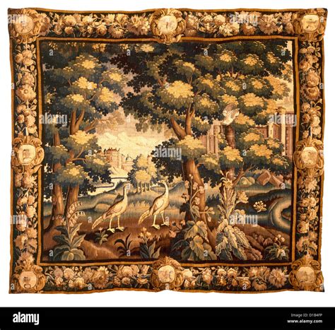 Medieval Tapestry Fabric Pattern With Classical Landscape Ornament In Brown Tones On Light Beige