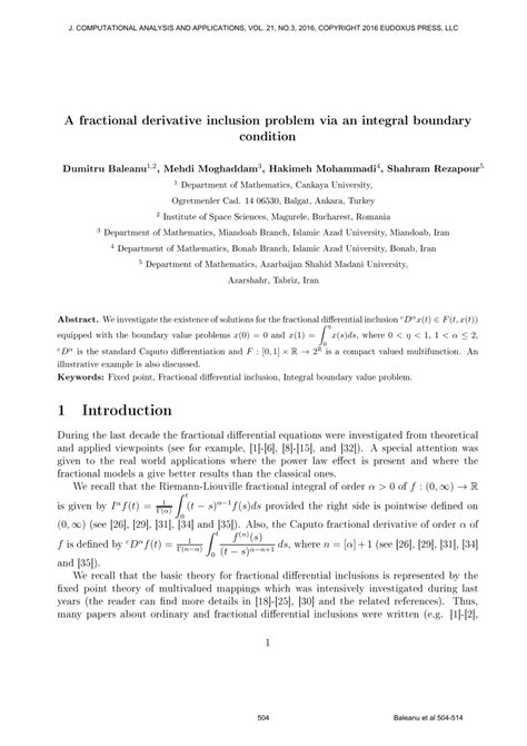 Pdf A Fractional Derivative Inclusion Problem Via An Integral Boundary Condition