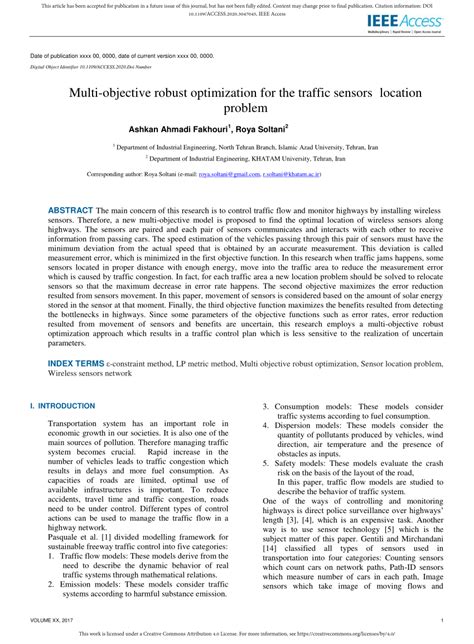 Pdf Multi Objective Robust Optimization For The Traffic Sensors