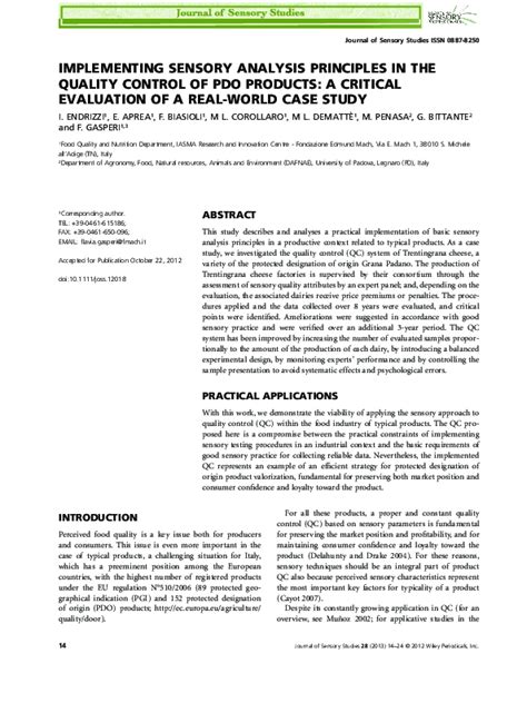 pdf implementing sensory analysis principles in the quality control