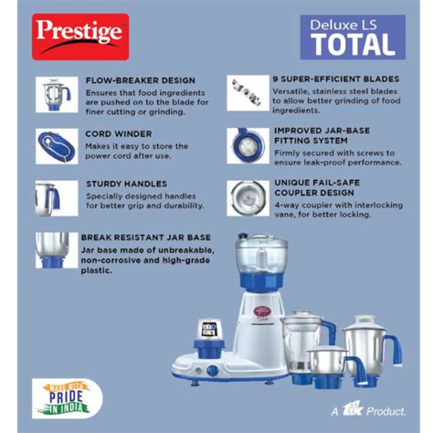 Prestige Deluxe Total Ls 750w 5 Jar Mixer Grinder With 1 Food Processor Jar