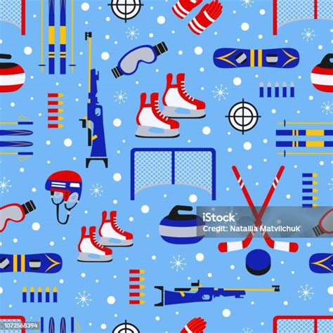 겨울 스포츠 완벽 한 패턴입니다 계절 야외 배경입니다 스포츠 장비 벡터 디자인입니다 귀여운 어린 아이 같은 반복 텍스처 활동 시즌 장식 Wrapp 종이 벽지 인쇄 옷