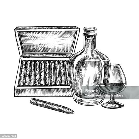한 병 코냑 한 잔 값비싼 담배 손으로 그린 벡터 그래픽 일러스트레이션입니다 흑백 이미지입니다 배너 전단지 및 패키지 레이블 초대장 포스터 등 0명에 대한 스톡 벡터 아트