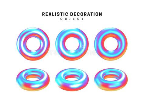 Set Torus Donut Realistic Geometric Shapes With Holographic Color Gradient Stock Vector