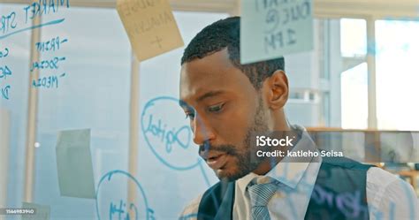 흑인 남성은 비즈니스 전략 일정 또는 계획을 위해 사무실에서 유리에 대해 생각하고 브레인스토밍합니다 프로젝트 계획 마인드 맵 알림 또는 직장에서의 작업을 위한 스티커 메모의