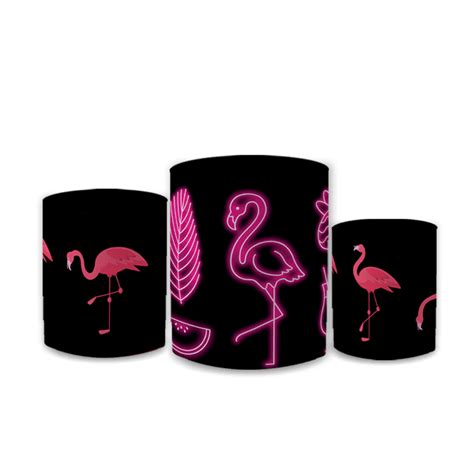 Trio Capas de Cilindros Sublimados Decorativo Tema Flamingo Decoração Festa Loja Bibi Painéis