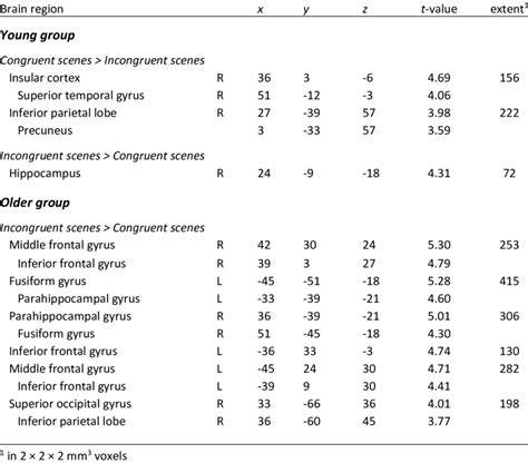 Univariate Glm Congruence Effects On Brain Activity Within Each Age
