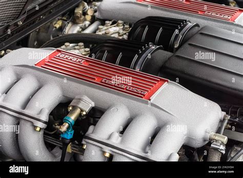 Close Up Detail Of The Tipo F113 Flat 12 Engine In A Rosso Corsa Red Ferrari Testarossa Classic